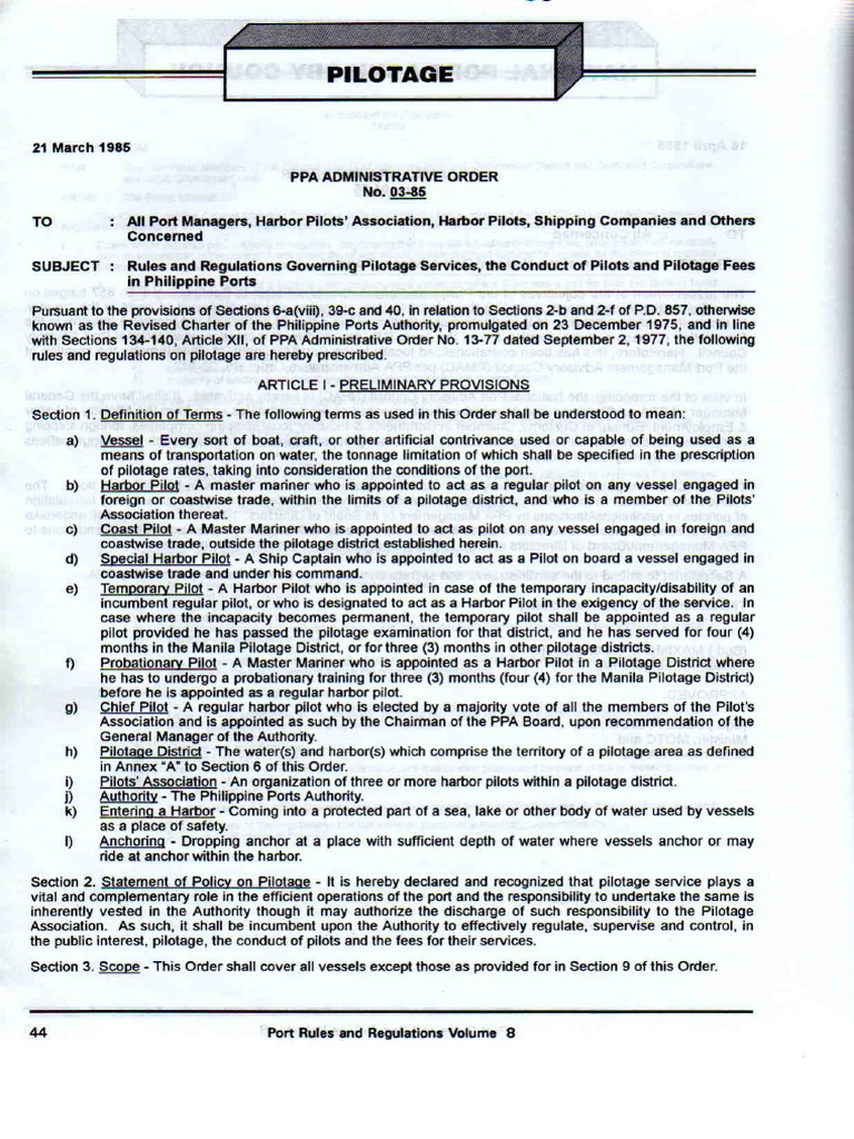 PPA A.O. No. 03-1985 Rules & Regulations Governng Pilotage Services ...