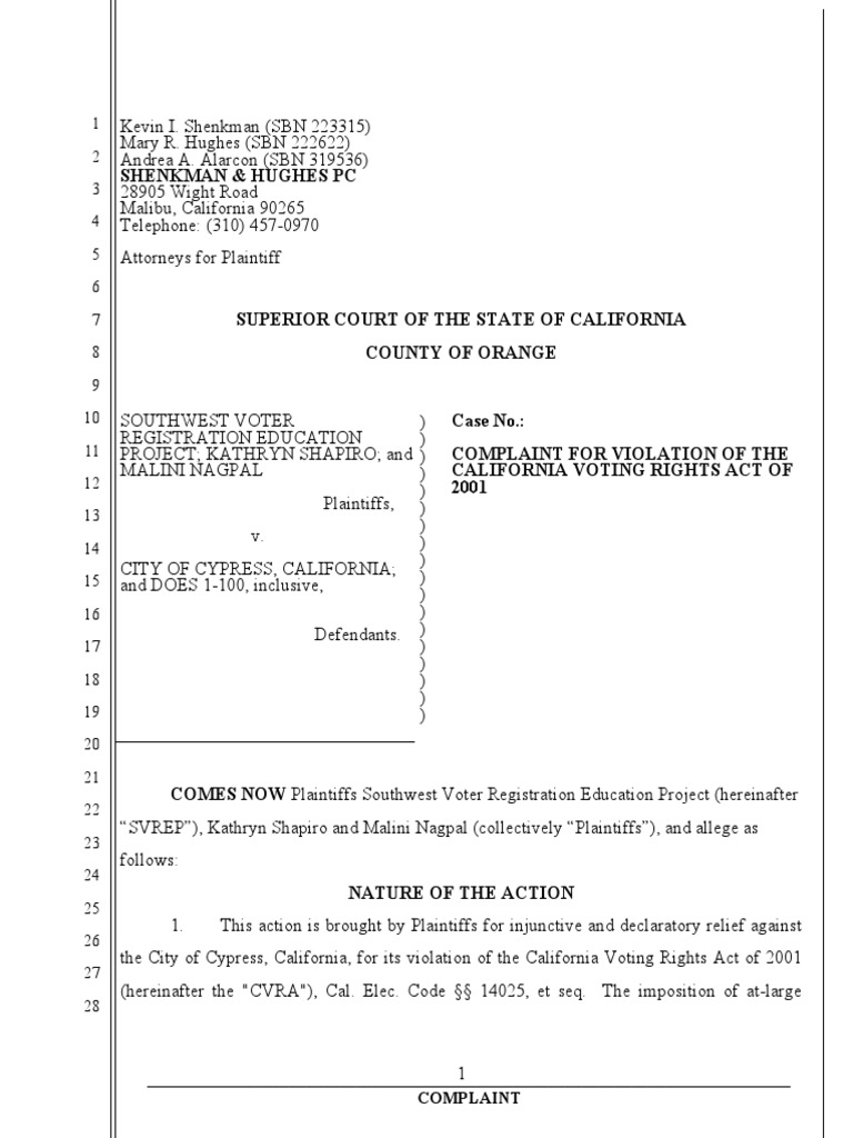 Svrep V Cypress - Complaint | PDF | Voting | Elections