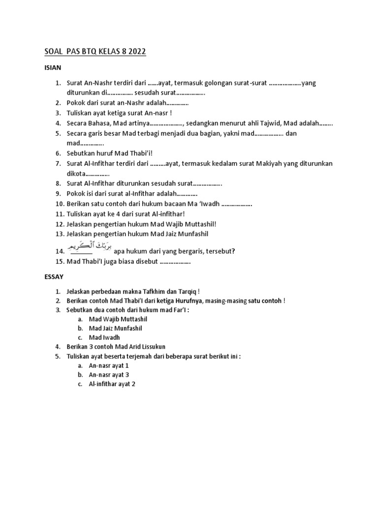 Soal Pas BTQ Kelas 8 | PDF