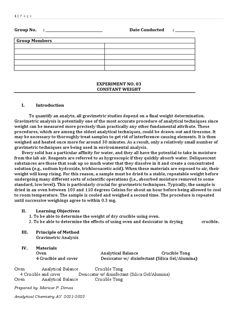 EXPERIMENT-NO.-03-Constant Weight | PDF | Chemistry | Physical Sciences