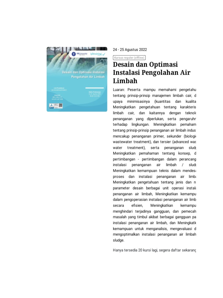 IPB Training - Desain Dan Optimasi Instalasi Pengolahan Air Limbah | PDF