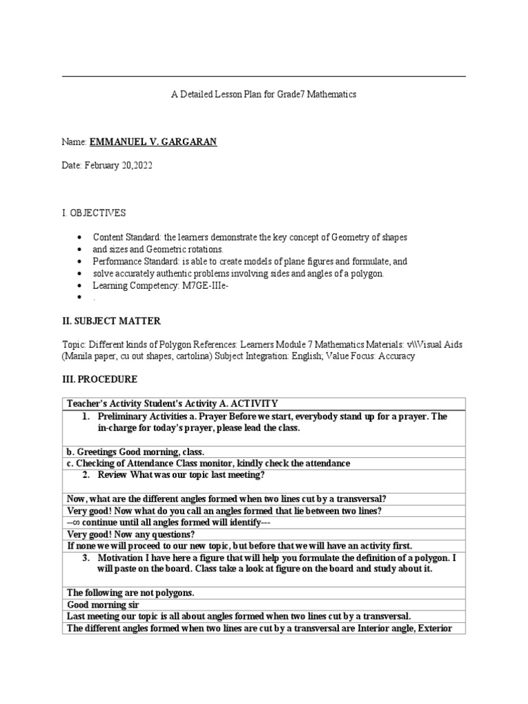 A Detailed Lesson Plan For Grade7 Mathematics | PDF | Polygon | Shape