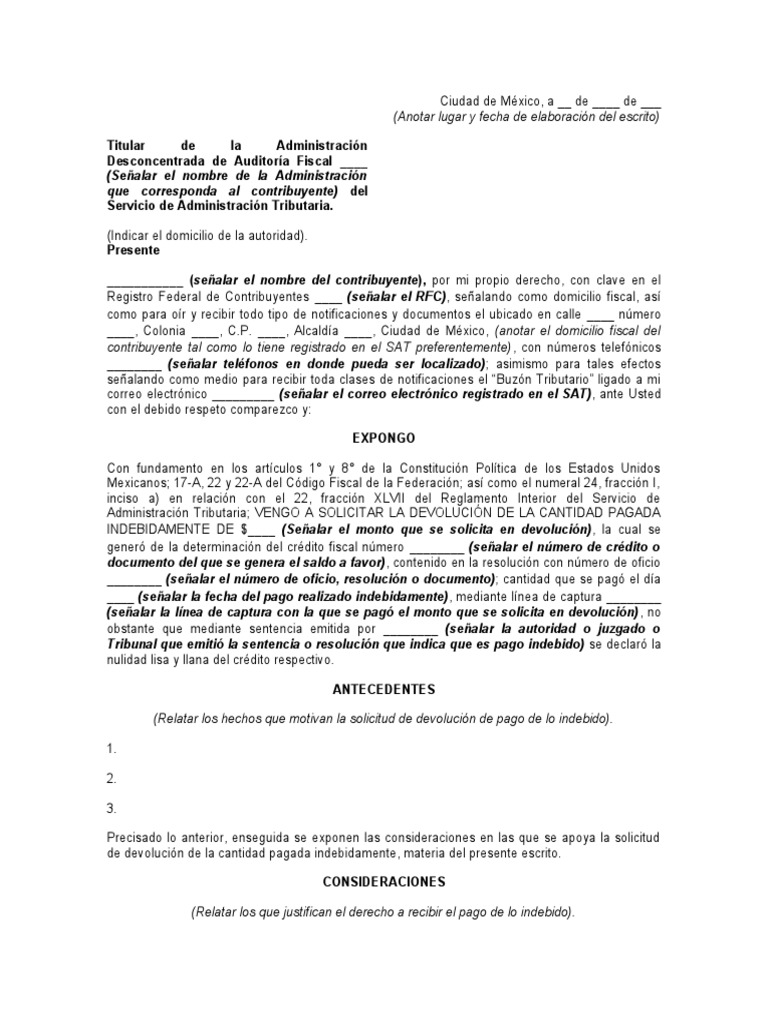 4 Escrito de Solicitud de Devolucion Por Haber Efectuado Un Pago de Lo Indebido | PDF | Gobierno