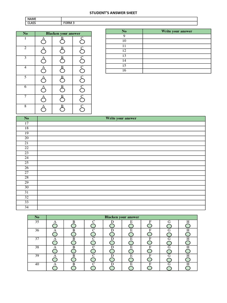 No Blacken Your Answer No Write Your Answer: Student'S Answer Sheet | PDF