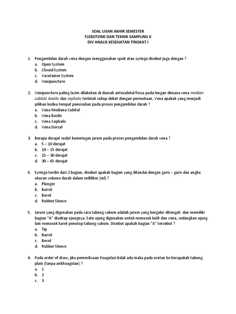 Soal UAS Flebotomi D4 TK 1 FIX | PDF
