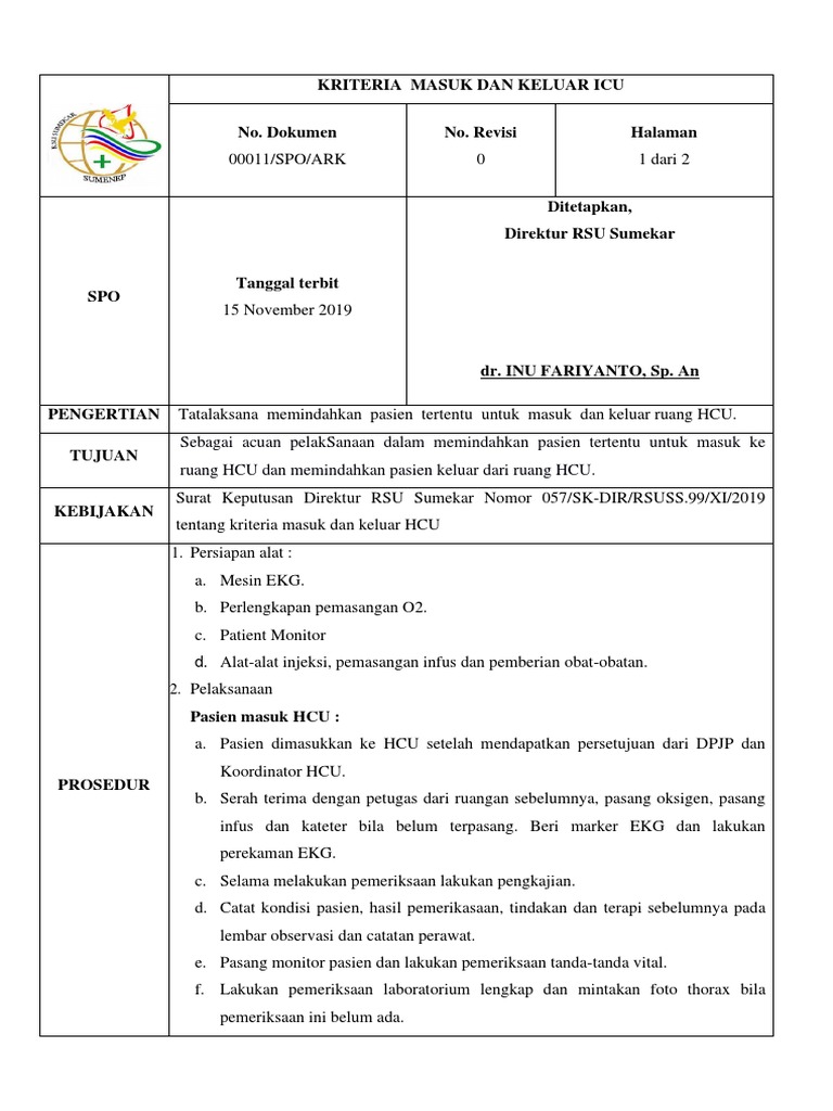 Kriteria Masuk dan Keluar HCU RSU Sumekar | PDF | Pengembangan Diri ...