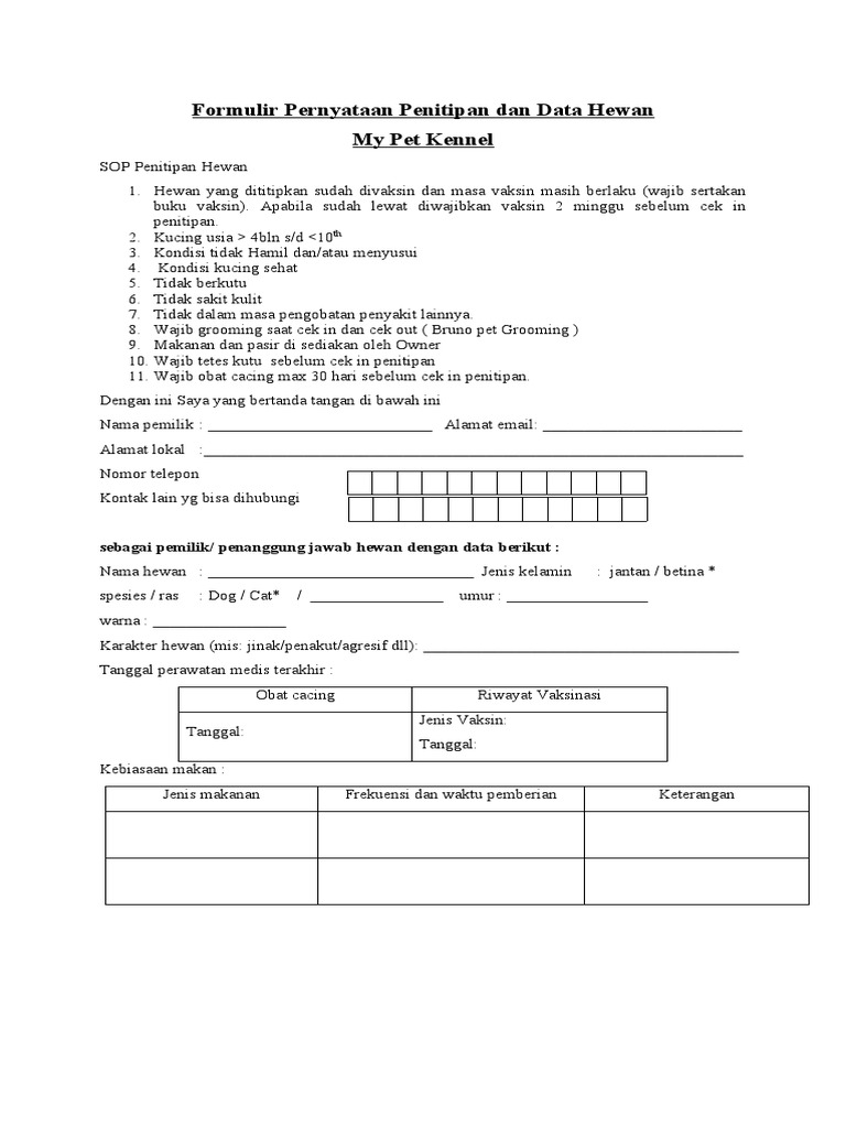 Formulir Pernyataan Penitipan Dan Data Hewan | PDF