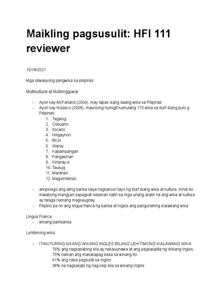 HFI 111 Reviewer | PDF