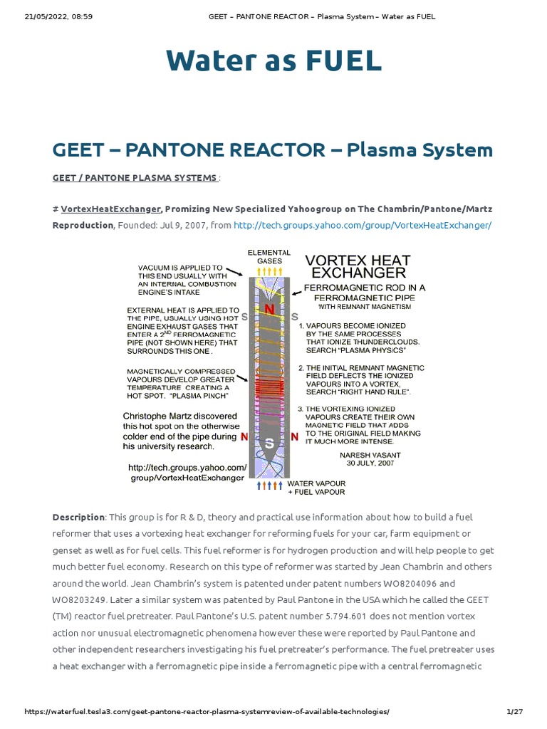 GEET - PANTONE REACTOR - Plasma System - Water As FUEL | PDF | Engines ...