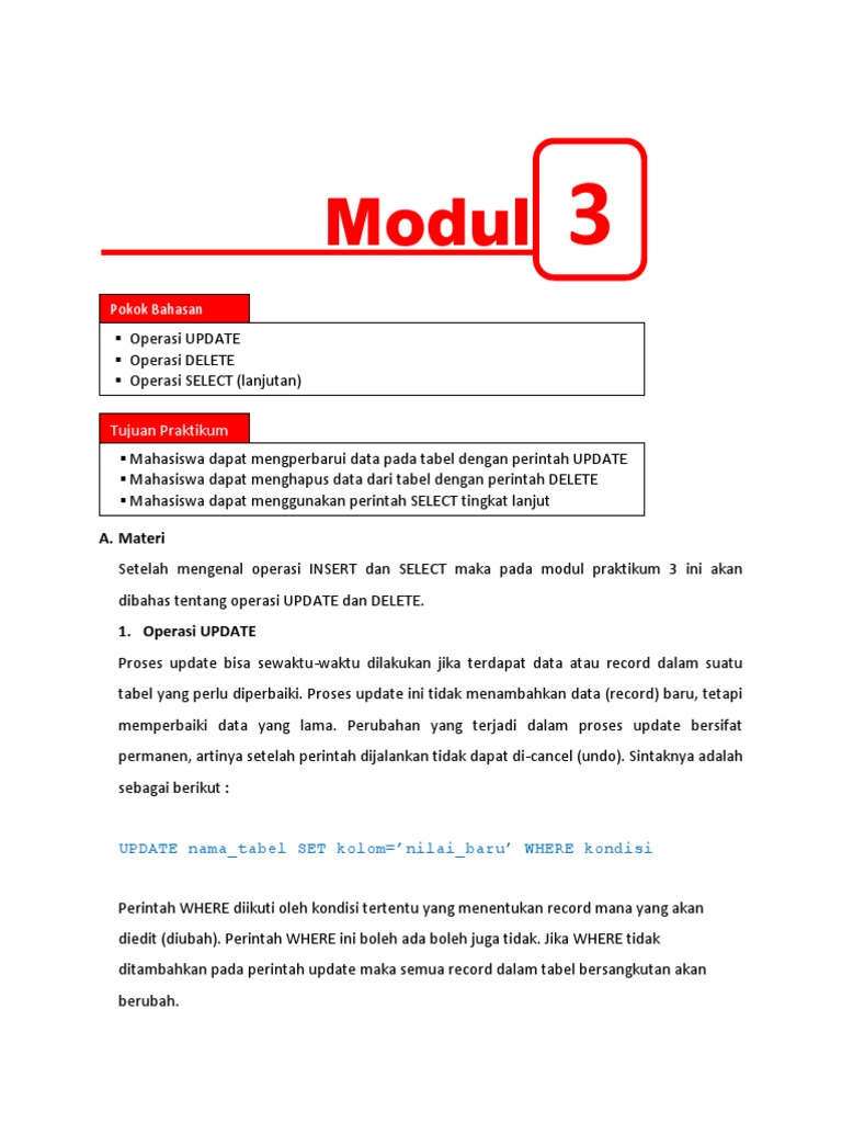 Pert 4 - Modul 3 - Update Delete Data Dan Select | PDF