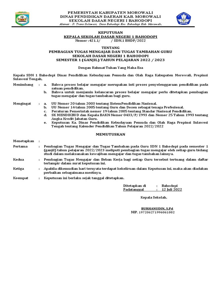 SK Pembagian Tugas 2022-2023 | PDF