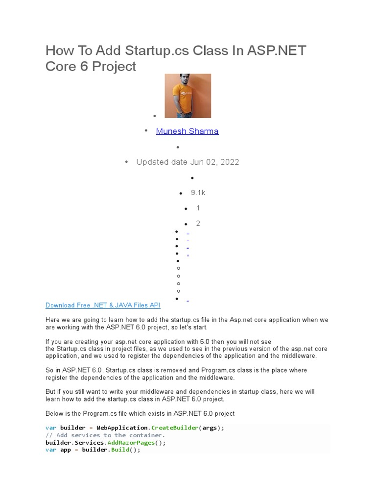 How To Add Startup - Cs Class in ASP - NET Core 6 Project | Download Free PDF | Active Server ...