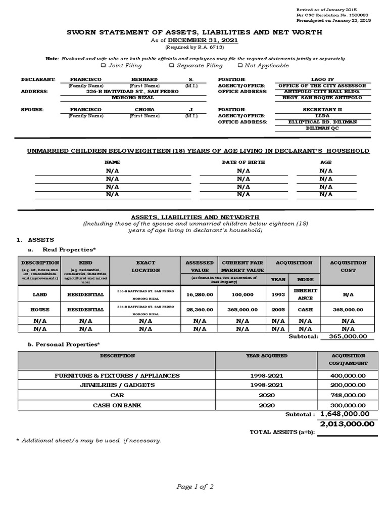 Revised Sworn Statement of Assets, Liabilities and Net Worth Form as of ...