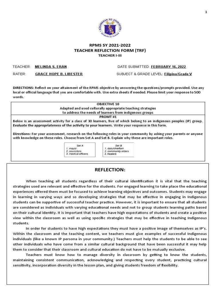 RPMS SY 2021-2022 Teacher Reflection Form (TRF) | PDF | Educational Assessment | Teachers