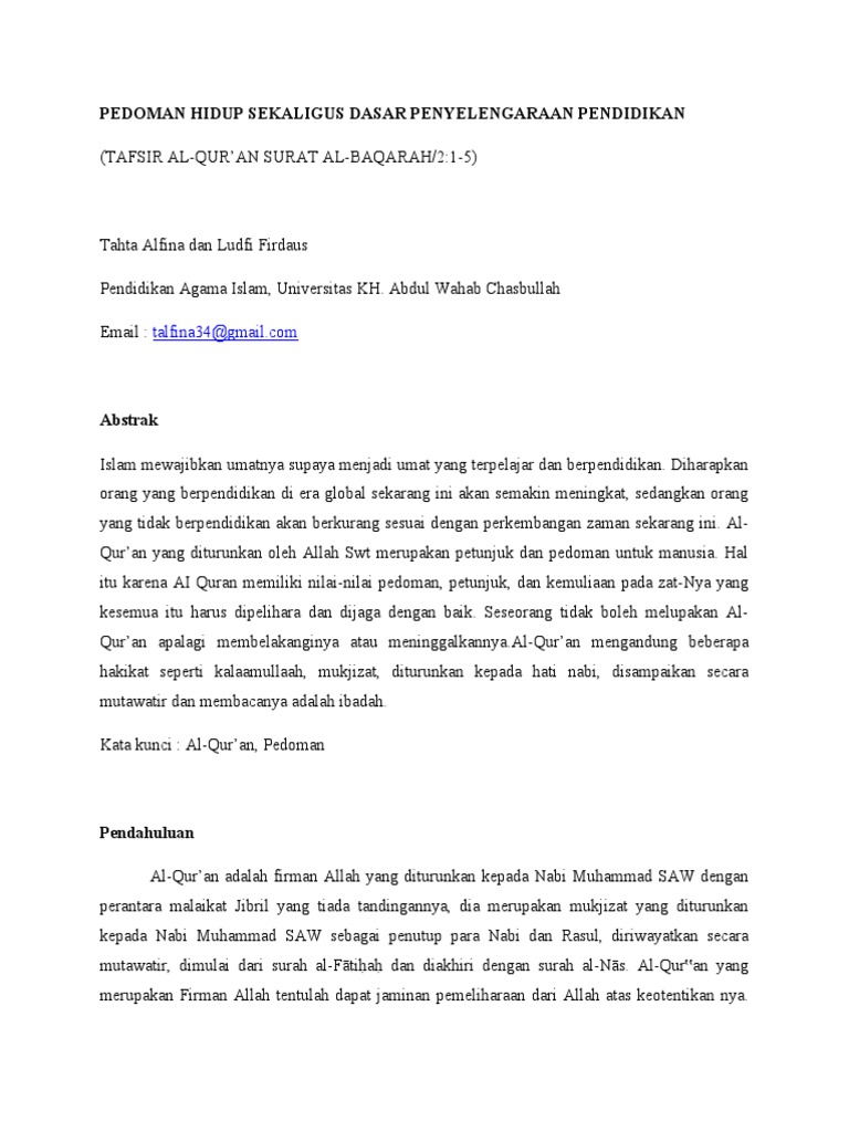 Pedoman Hidup Sekaligus Dasar Penyelengaraan Pendidikan-Tafsir | PDF