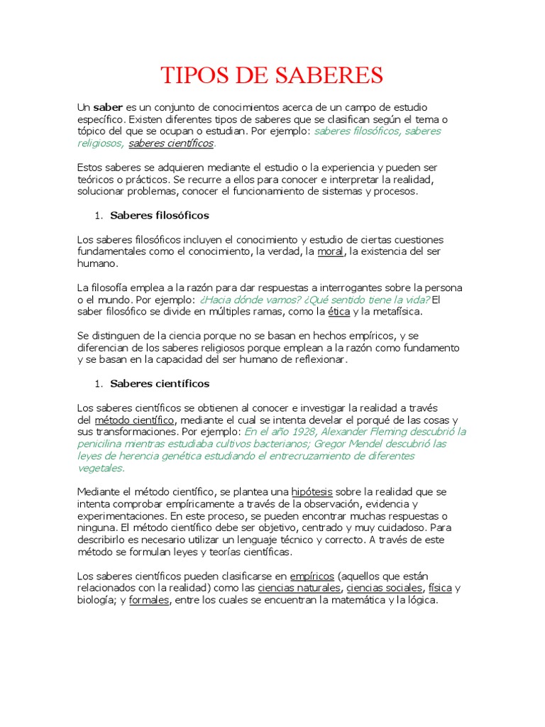 Tipos de Saberes | PDF | Conocimiento | Método científico Tipos de Saberes | PDF | Conocimiento | Método científico