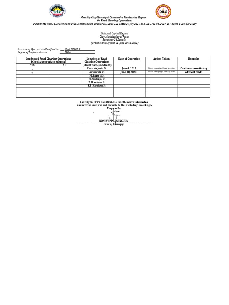 Barangay 26 Road Clearing Operation Barco June 2022 | PDF