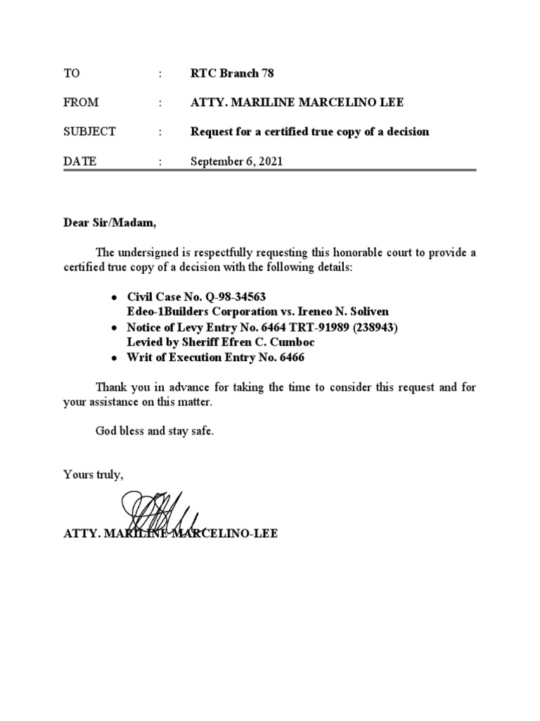 RTC Branch 78 Atty. Mariline Marcelino Lee Request For A Certified True ...