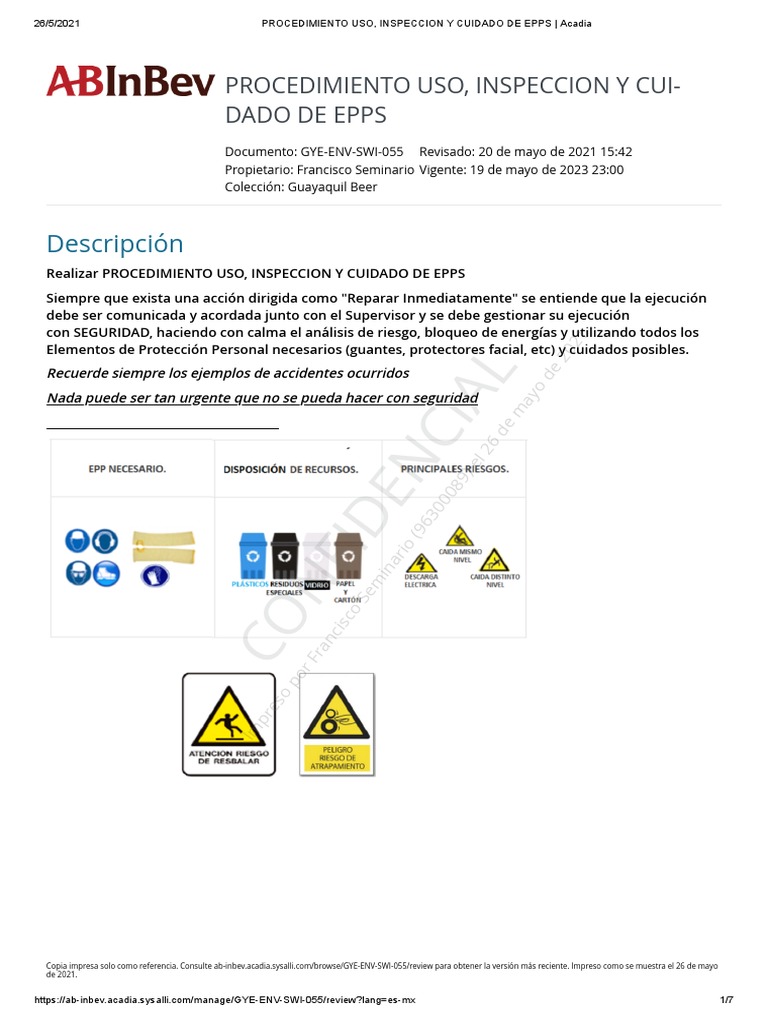 Procedimiento Uso, Inspeccion y Cuidado de Epps - Acadia | PDF