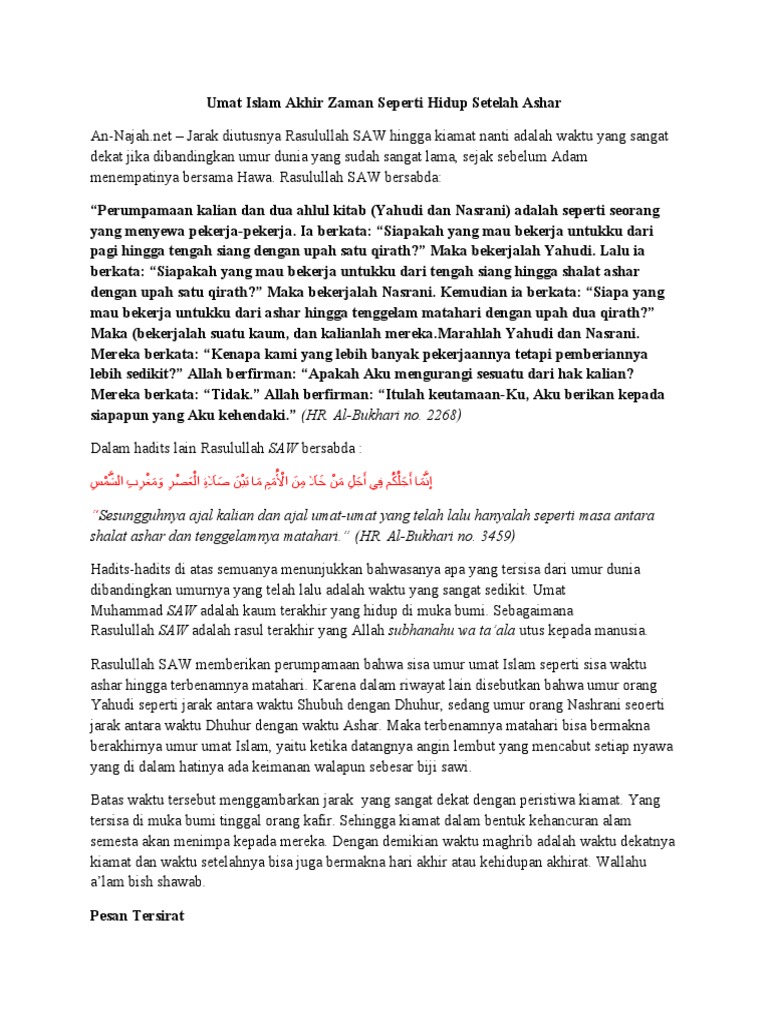 Umat Islam Akhir Zaman Seperti Hidup Setelah Ashar | PDF