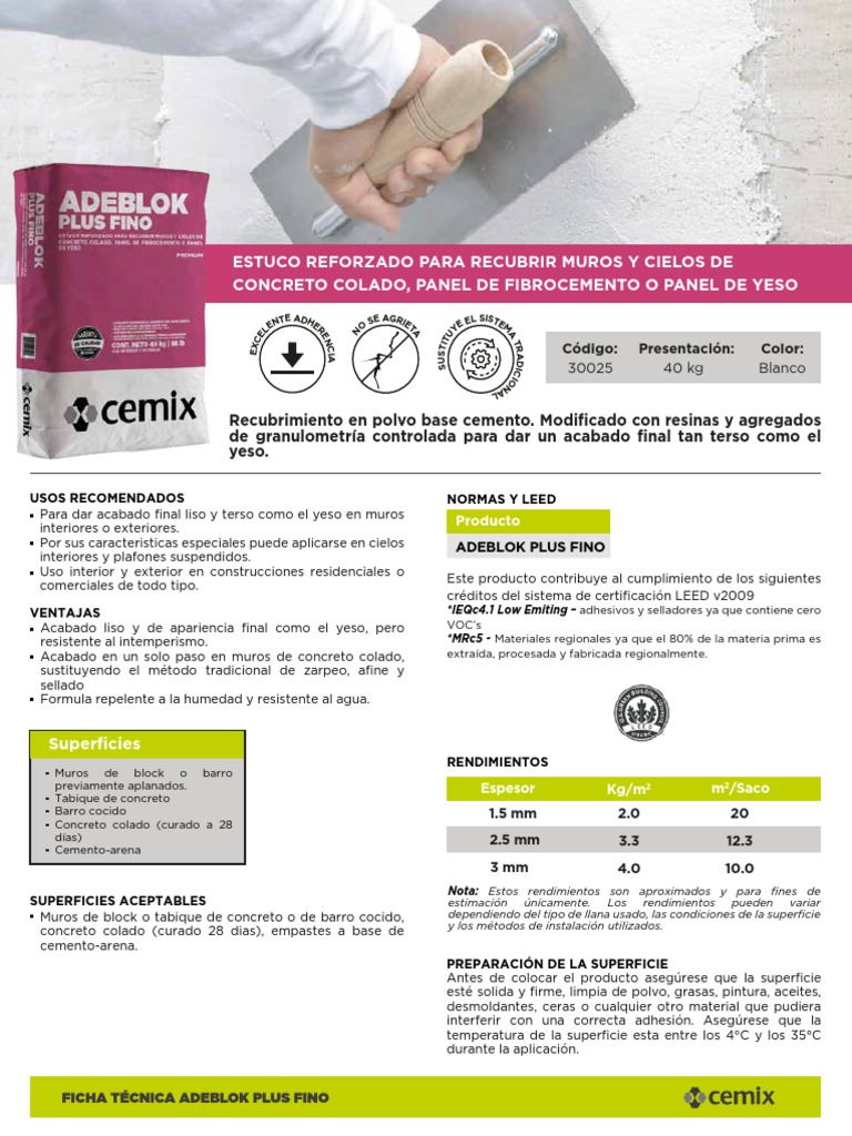 Cemix Adeblok Plus Fino FT | PDF | Hormigón | Cemento