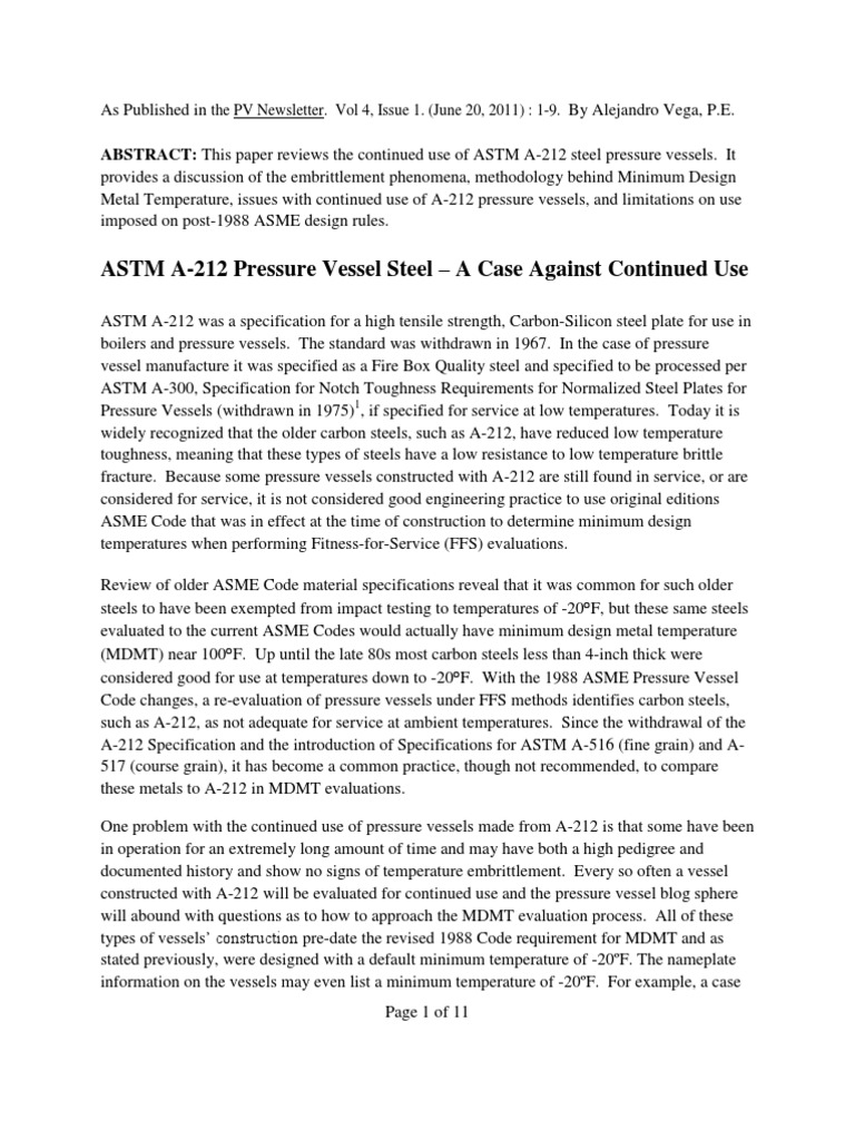 A-212 Pressure Vessel Steel - A Case Against Continued Use | PDF ...