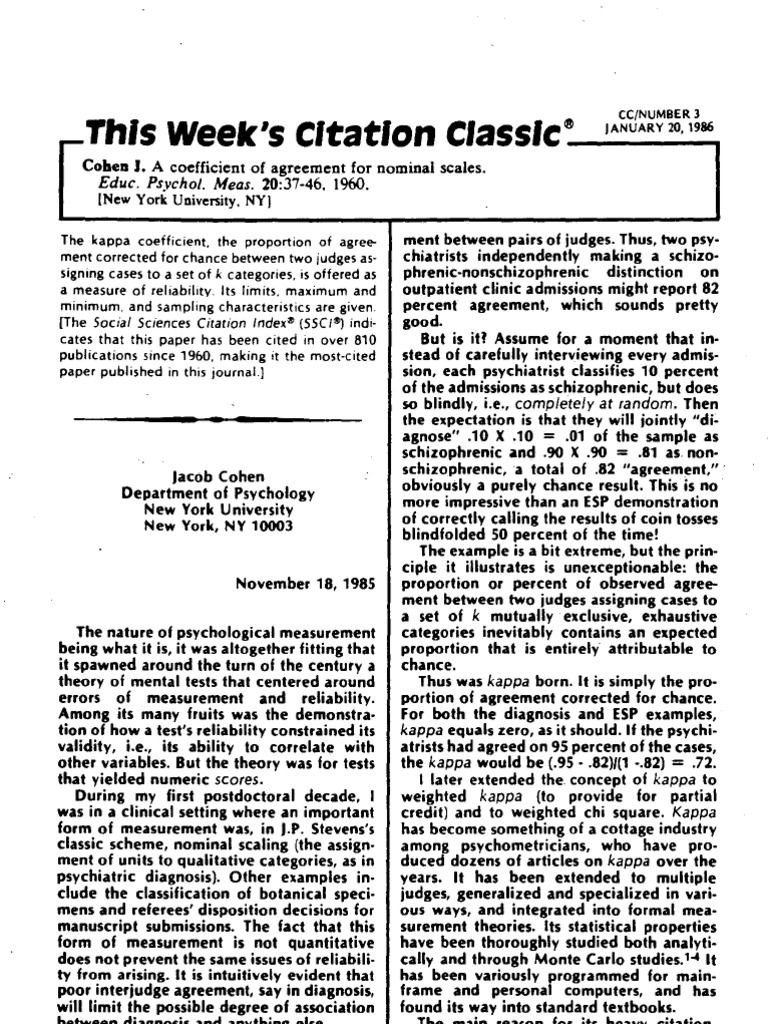 Cohen-1960-A Coefficient of Agreement For Nominal Scales | PDF ...