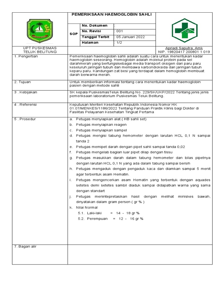 SOP Pemeriksaan Hemoglobin | PDF