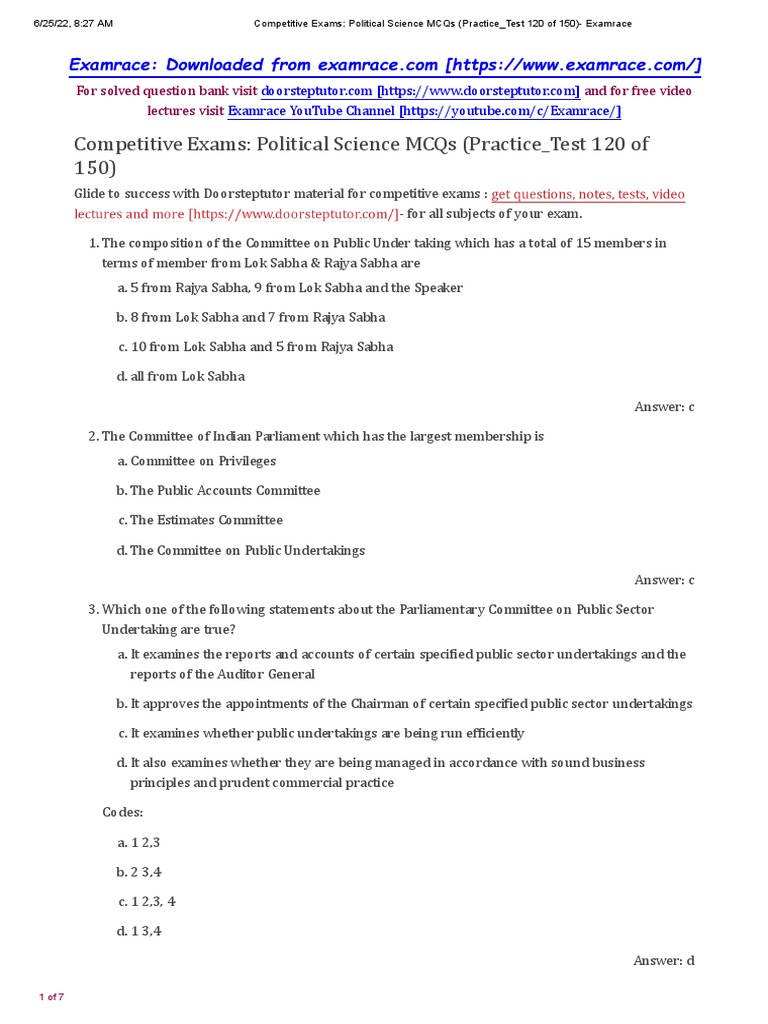 Political Science MCQs Practice Test 120 | PDF | United States House Of ...