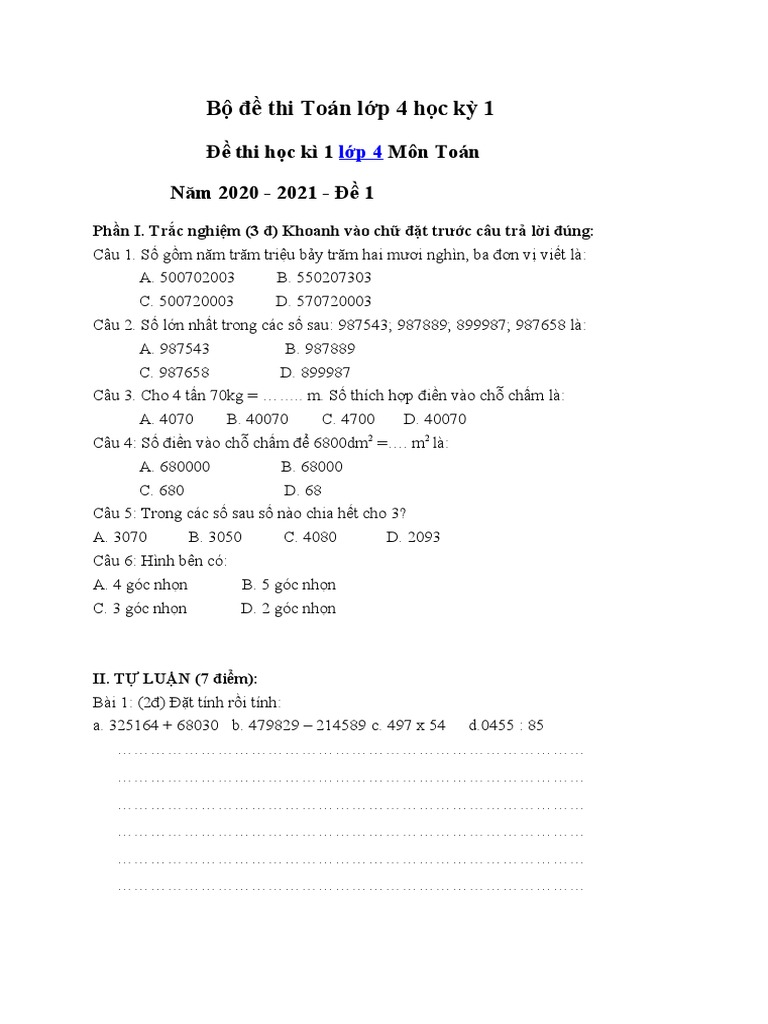 Bo de Thi Hoc Ki 1 Mon Toan Lop 4 | PDF