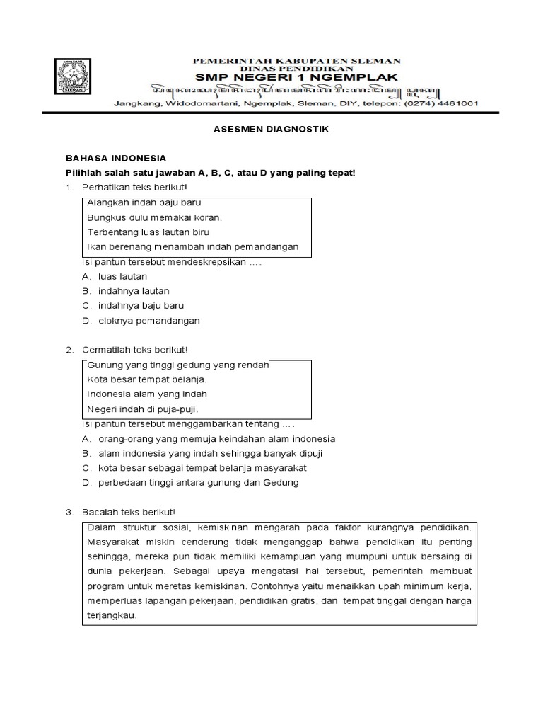 Soal Asesmen Diagnostik Bahasa Indonesia KLS 7-2022 | PDF