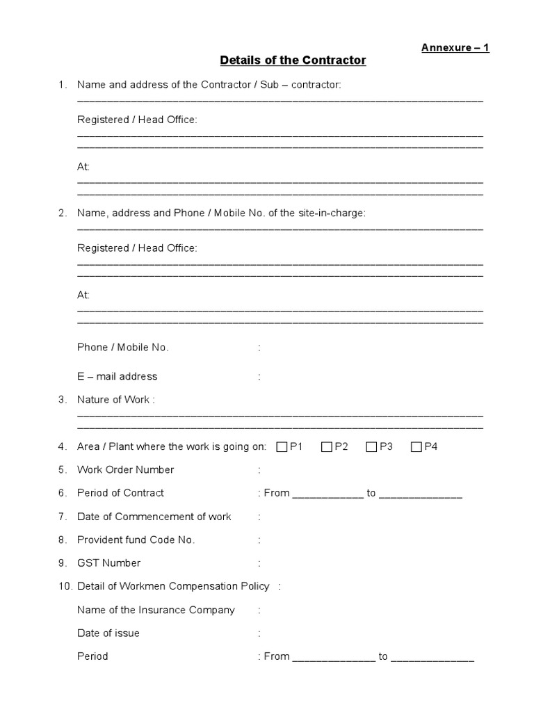 Contractor Details Form | Download Free PDF | Employment | Hospital
