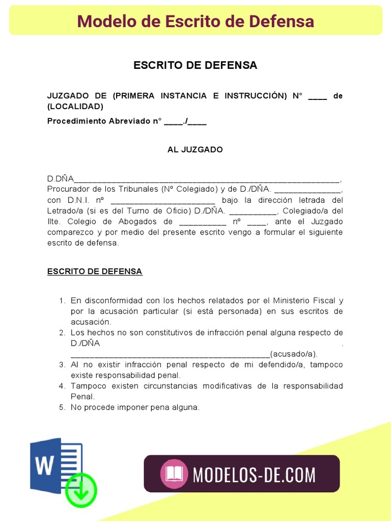 Modelo Escrito de Defensa | PDF | Procedimiento legal | Derecho penal
