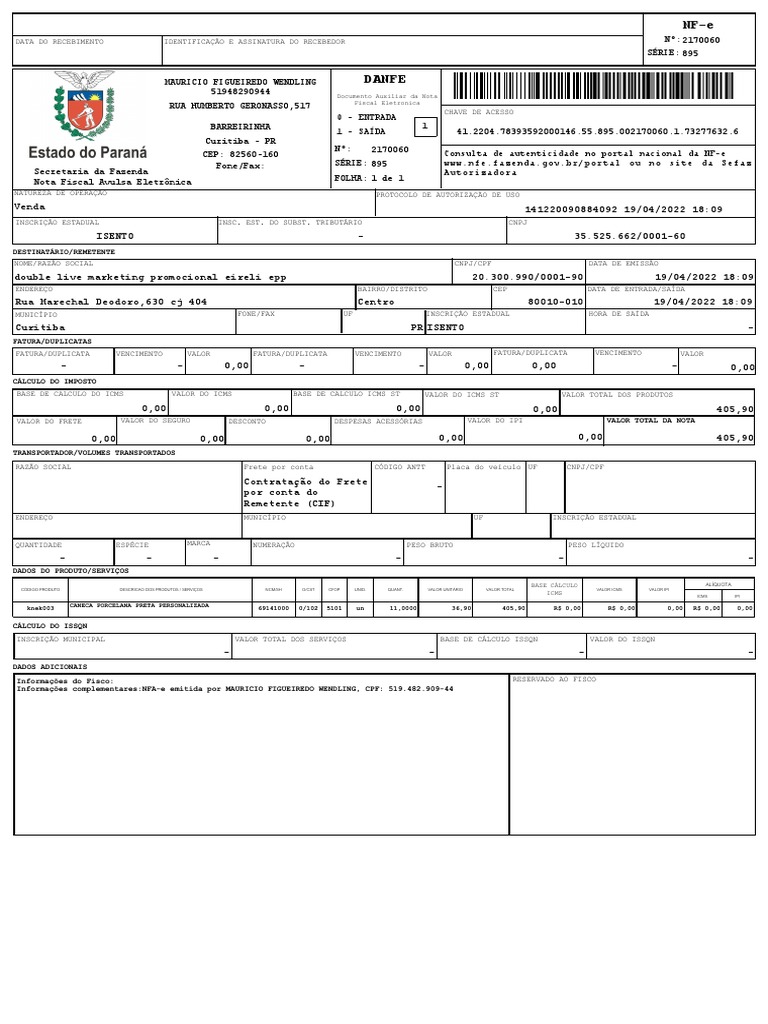Documento Auxiliar da Nota Fiscal Eletrônica (DANFE) contendo detalhes ...