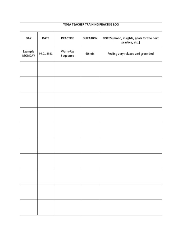 Yoga Teacher Training Practise Log: Monday Warm-Up Sequence 60 Min ...
