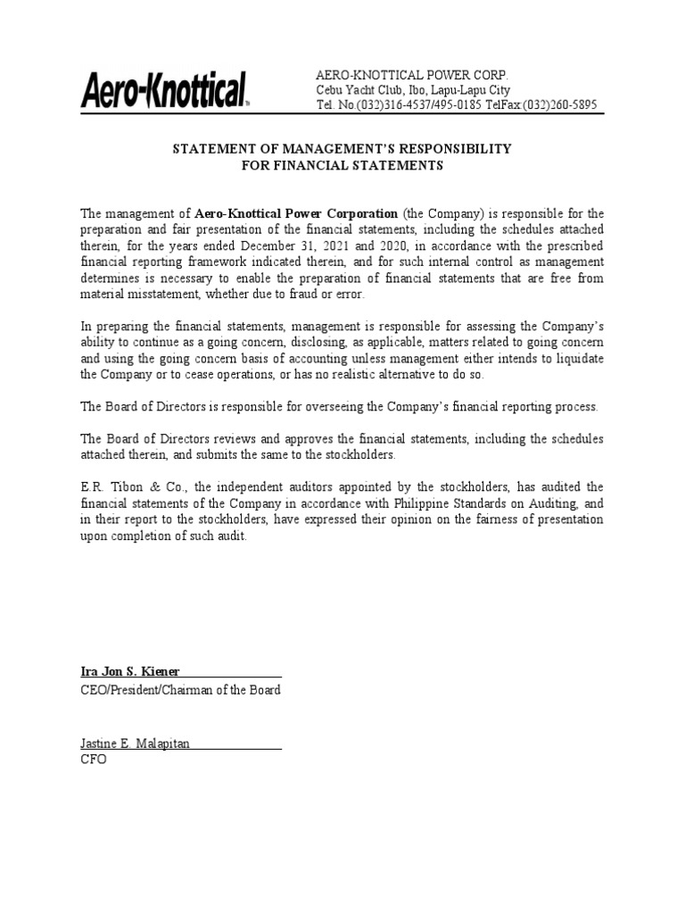 Statement of Management - S Responsibility - SEC | PDF | Business
