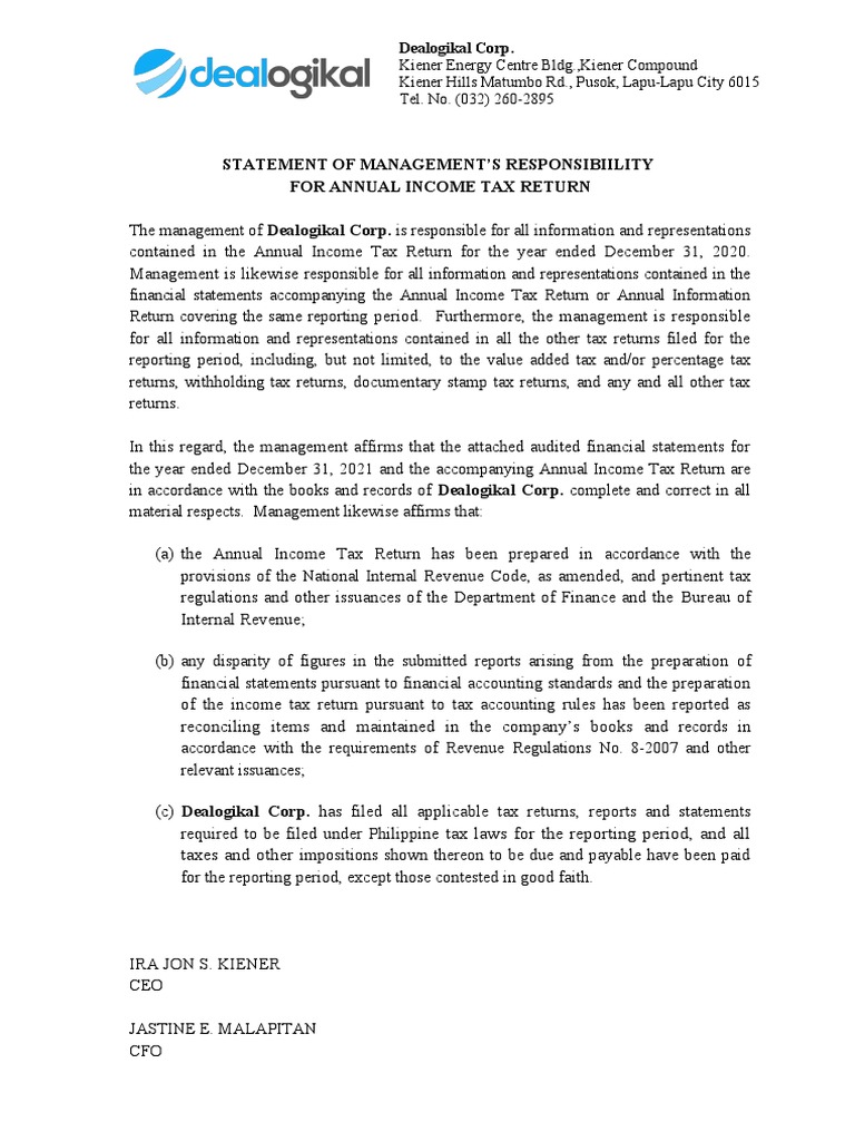 Statement of Management - S Responsibility - ITR | Download Free PDF ...