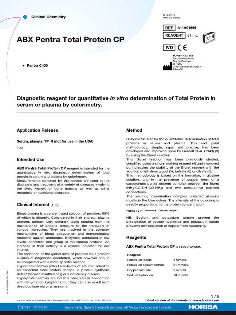 ABX Pentra Total Protein CP | PDF | Blood Plasma | Chemistry
