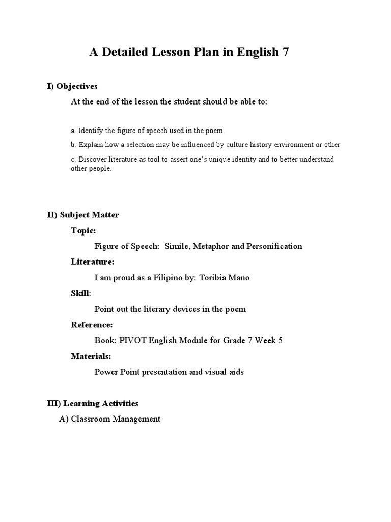 4a's Lesson Plan Figure of Speech | PDF | Senses | Question