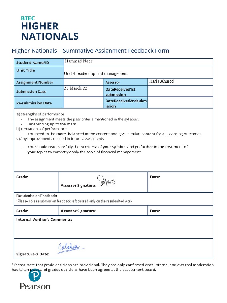 Higher Nationals - Summative Assignment Feedback Form | PDF