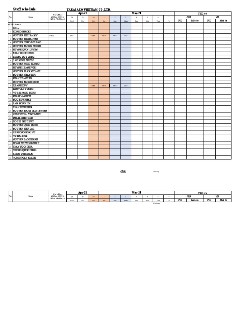 Staff Schedule: Takasago Vietnam Co.,Ltd. Apr-21 May-21 | PDF