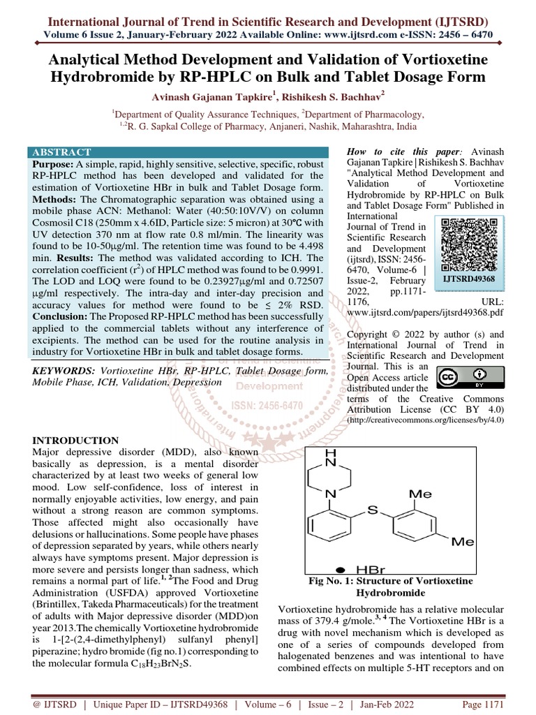 Analytical Method Development and Validation of Vortioxetine Hydrobromide by RP HPLC On Bulk and ...