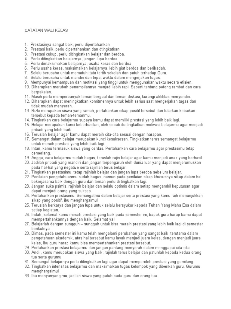 Catatan Wali Kelas | PDF