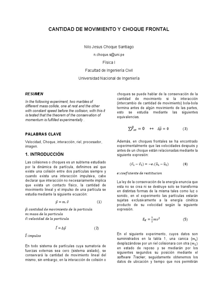Laboratorio 3 DE FÍSICA Cantidad de Movimiento y Choques Frontales | PDF | Impulso | Metrología