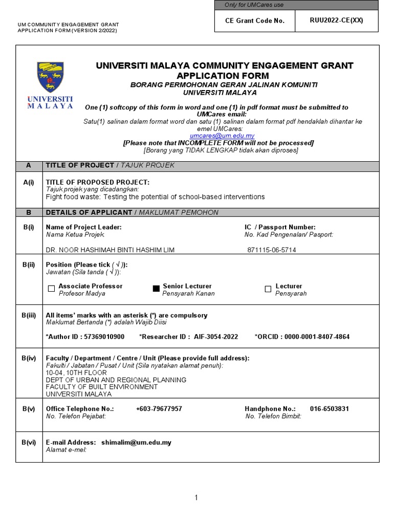 Ce - Umcares - Application Form 2022 - Noor Hashimah Hashim Lim | PDF ...