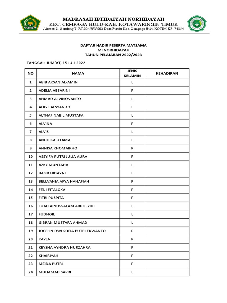 Daftar Hadir Matsama | PDF