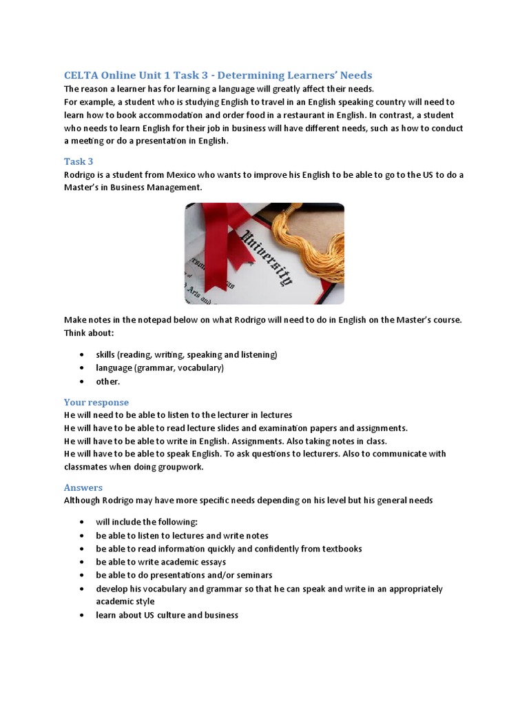 CELTA Online Unit 1 Task 3 - Determining Learners' Needs | PDF