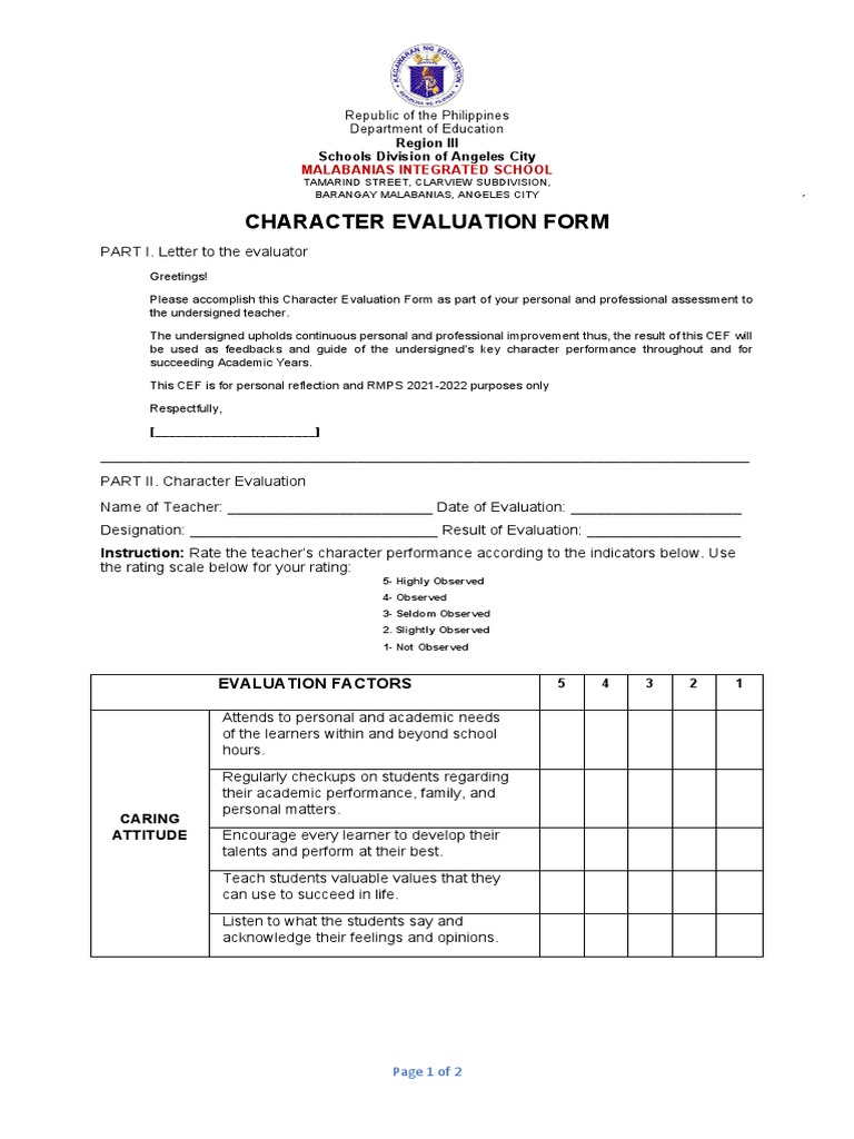 Character Evaluation Form: Malabanias Integrated School | PDF ...