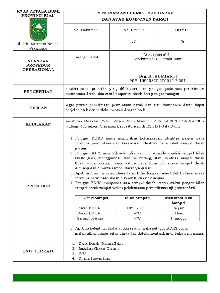 Prosedur Penerimaan Permintaan Darah | PDF | Kesehatan Holistik | Sains & Matematika