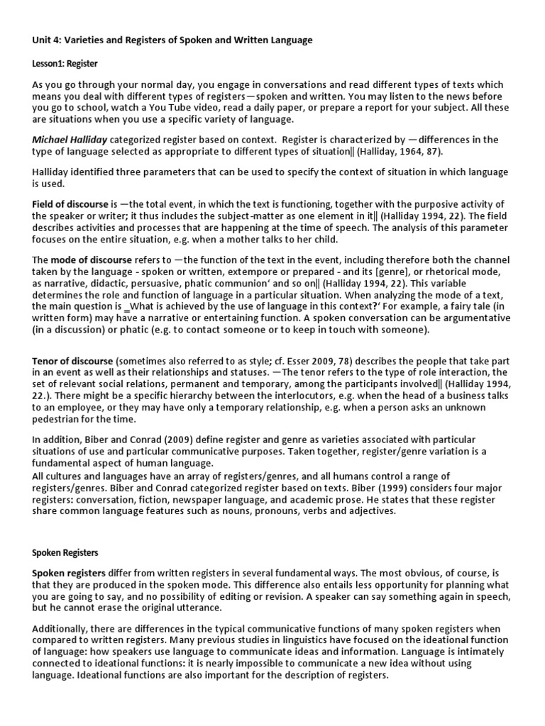 Lesson 4 Varieties and Registers of Spoken and Written Language | PDF ...